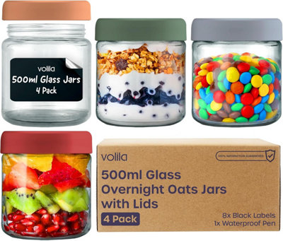500ml Reusable Glass Overnight Oats Jars with Airtight Lids, Labels ...