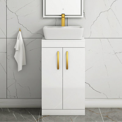 500mm Floor Standing Vanity Unit 2 Door Gloss White & Countertop Basin ...