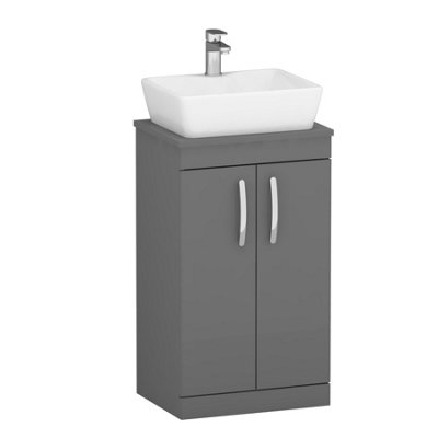 500mm Floor Standing Vanity Unit 2 Door Indigo Grey Gloss & Countertop ...