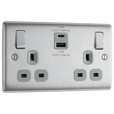 Products | Bg Brushed Steel Double 13A Raised Slim Switched Socket With ...