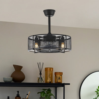 50CM BLACK MESH CEILING FAN LIGHT, INDUSTRIAL STYLE CEILING FAN WITH ...