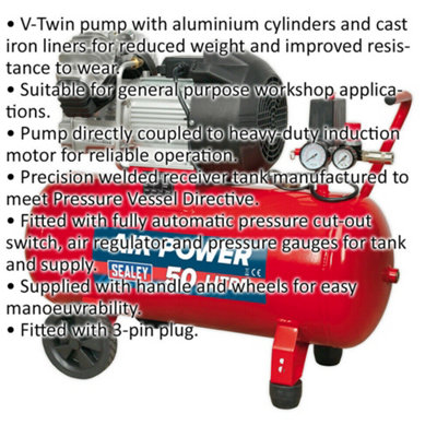 50L Direct Drive Air Compressor - V-Twin Pump - 3 hp Heavy Duty ...