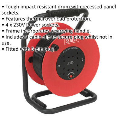 50m Heavy Duty Cable Reel with Thermal Trip - 4 x 230V Plug Sockets ...