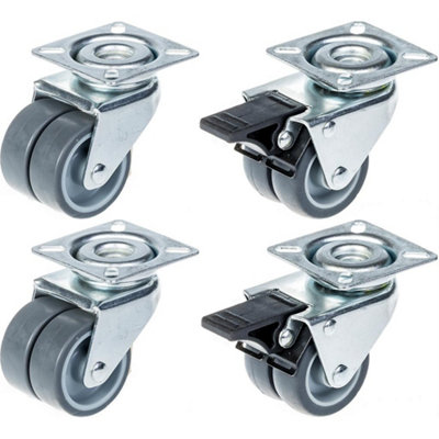 50mm 2" twin wheel castor grey rubber swivel & brake 280kg capacity ...