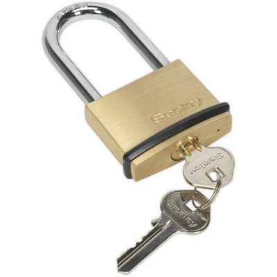 50mm Brass Padlock 8mm Hardened LONG SHACKLE - 2 Key Anti Scuff Rubber ...