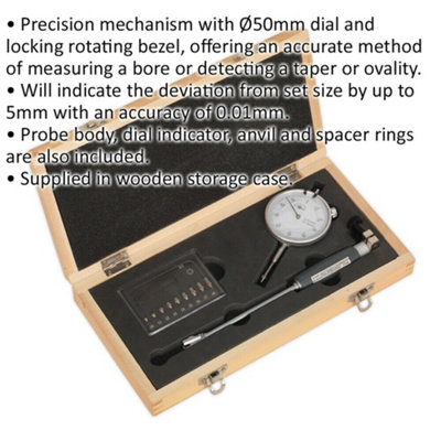 50mm Dial Bore Gauge - 10mm to 18mm Range - Probe Body - Wooden Storage ...
