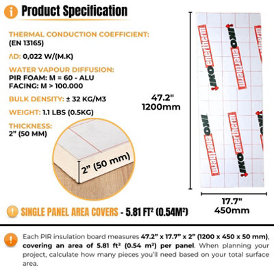 50MM PIR INSULATION BOARD WITH ALUMINIUM FOIL LAYER 1200 X 450MM ...