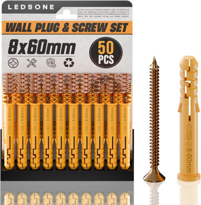 50pcs 8x60mm Yellow Wall Plugs & Screws Heavy Duty Masonry Anchors for ...