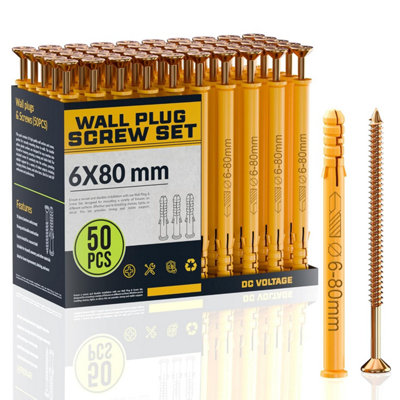 50pcs Heavy-Duty 6x80mm Yellow Wall Plugs & Screws Anchor Bolts for ...
