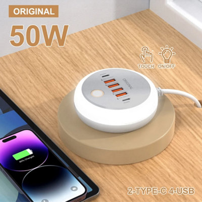 50W 6-Port USB/PD Quick-Charge Power Socket with LED