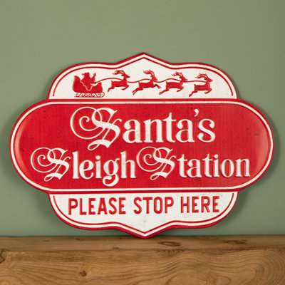 51cm Red and White Metal Christmas Santa Sleigh Station Sign
