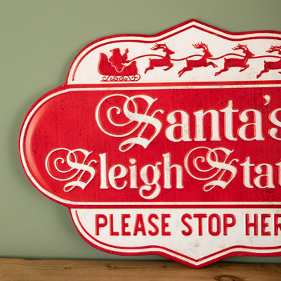 51cm Red and White Metal Christmas Santa Sleigh Station Sign