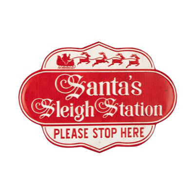 51cm Red and White Metal Christmas Santa Sleigh Station Sign