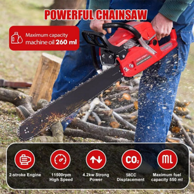 52cc Heavy Duty Petrol Chainsaw 20" Bar 50 cm Cut 2-Stroke Easy-starting