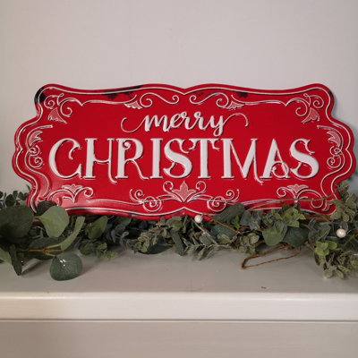 52cm Red Metal Merry Christmas Embossed Wall Sign with Hanging Hooks ...