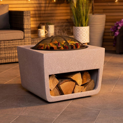 52cm Square Magnesia Fire Pit with Mesh Cover Cooking Grill