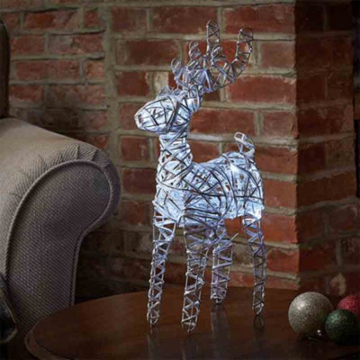 53cm Battery Operated White Rattan Woven Christmas Reindeer with White ...