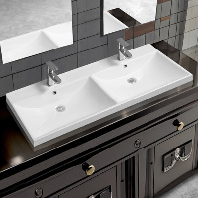 5409 Ceramic 120cm x 45cm Thick-Edge Double Inset Basin with Scoop Bowl