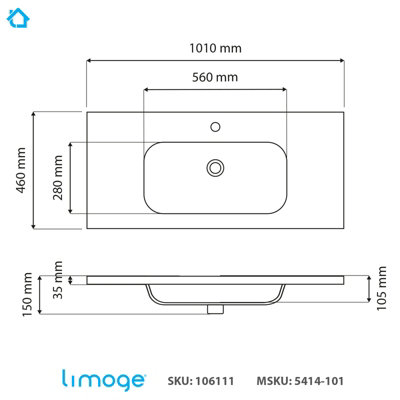 5414 Ceramic 100cm x 45cm Mid-Edge Inset Basin with Oval Bowl