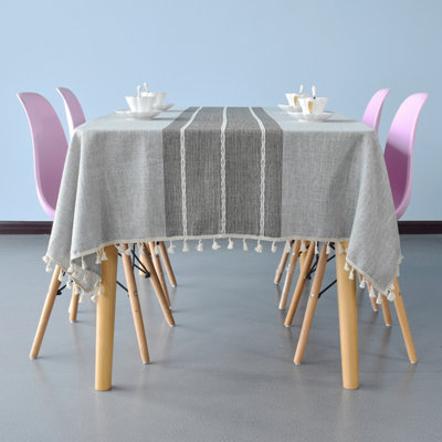 55" x 98" Table Cloth, Stitch & Fringe Tassels Polyester Linen ...