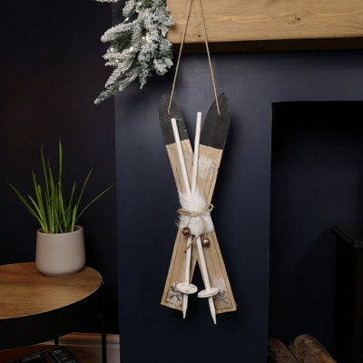 55cm White Wooden Skis with Decorative White Fur and Silver Bells ...