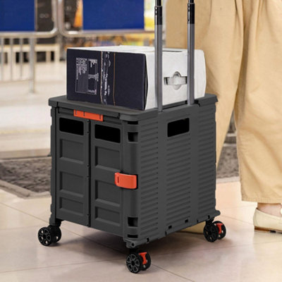 55L Black Collapsible Rolling Utility Crate with Magnetic Lid Rotating ...