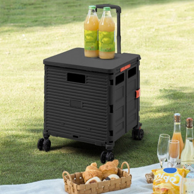 55L Black Collapsible Rolling Utility Crate with Magnetic Lid Rotating ...