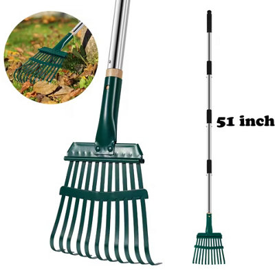 56Inch Adjustable Metal Leaf Rake Long Handle, 11 Prongs