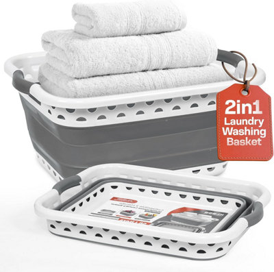 58L Large Collapsible Laundry Basket Grey & White Durable Plastic ...