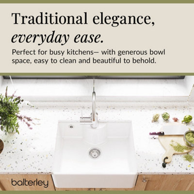 595mm - 1 Bowl Fireclay Butler Kitchen Sink - Tap Ledge, Hole, Overflow ...