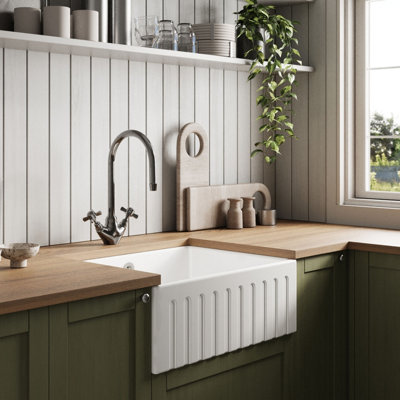 595mm - Fireclay Kitchen Single Bowl Fluted Front Butler Sink - with ...