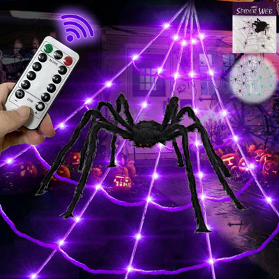 5Ft Giant Spider 20 x 17FT Halloween Spider Web 150 Led Purple Lights ...