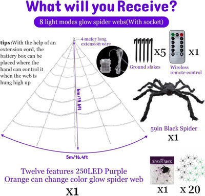 5Ft Giant Spider 20 x 17FT Halloween Spider Web 150 Led Purple Lights ...