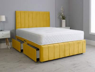 5FT King Panel Mustard Plush Divan Bed Set Headboard & Footboard 2 Drawers Left Side