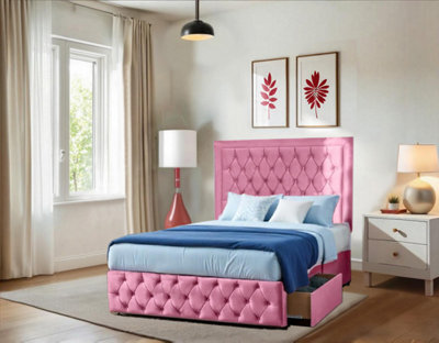 5FT Pink Plush Velvet Divan Bed Set with 20'' Buttoned Headboard ...