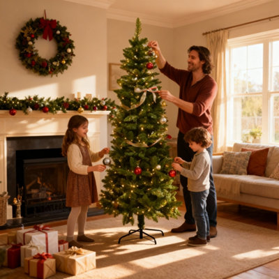 5FT Pre-Lit Warm White LED Green Christmas Slim Pine Narrow Tree With ...