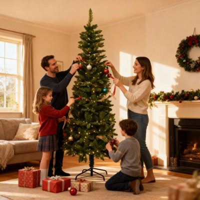 5FT Pre-Lit Warm White LED Green Christmas Slim Pine Narrow Tree With ...