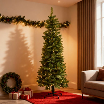 5FT Pre-Lit Warm White LED Green Christmas Slim Pine Narrow Tree With ...