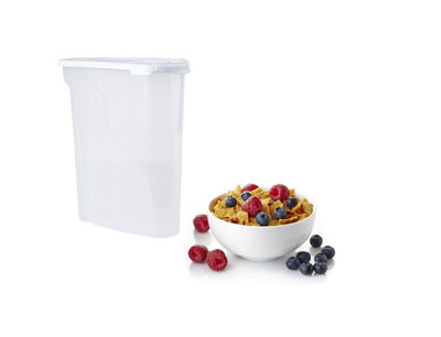 5L Large Cereal Dispenser Dry Food Storage Tub Clear With White Lid ...