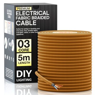5M Gold Flex 3 Core Gold Braided Fabric Cable Vintage Flex 0.75mm 3 ...