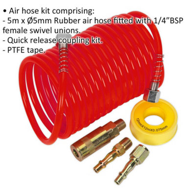 5m PU Coiled Air Hose Kit - 1/4 Inch BSP Unions - Quick Release ...
