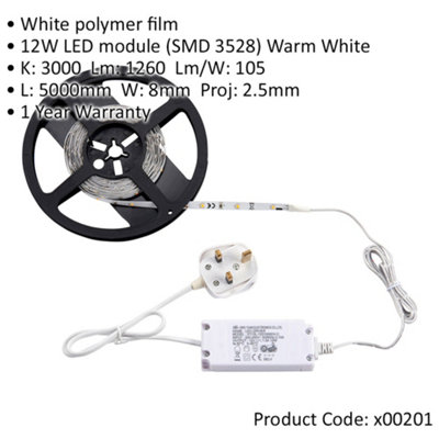 5m Warm White LED Tape Kit - 12W LED Driver - Flexible Under Cabinet ...