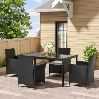 5Pcs Black Garden Patio Rectangle Glass Outdoor Table and Rattan Chairs ...