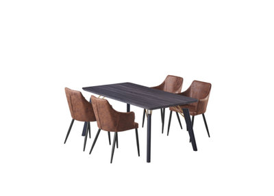 5PCs Zarah Cosmo Dining Table Set w/ a Black Dining Table & 4 Brown Faux Leather Dining Chairs ...