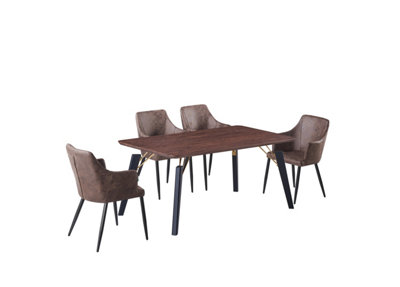 5PCs Zarah Cosmo Dining Table Set w/ a Brown Dining Table & 4 Dark Brown Faux Leather Dining ...