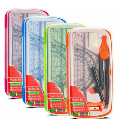 5x 8 Piece Maths Geometry Set with Compass and Protractor Clear Case ...