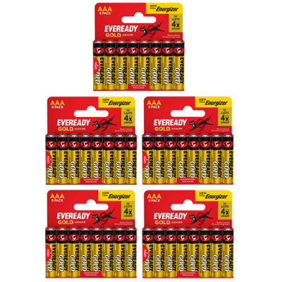5x Eveready Gold AAA Alkaline Batteries, Pack of 8 (40x Batteries in total)