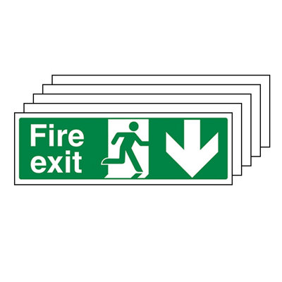 5x FIRE EXIT Safety Sign Arrow Down - Glow in Dark Adhesive 300x100mm