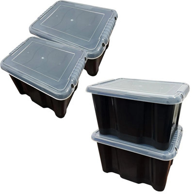 5x Stackable 24 Litre Black Plastic Storage Containers With See Through ...