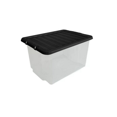 5x30L Plastic Storage Boxes with Black Lids Clear Stackable Containers ...
